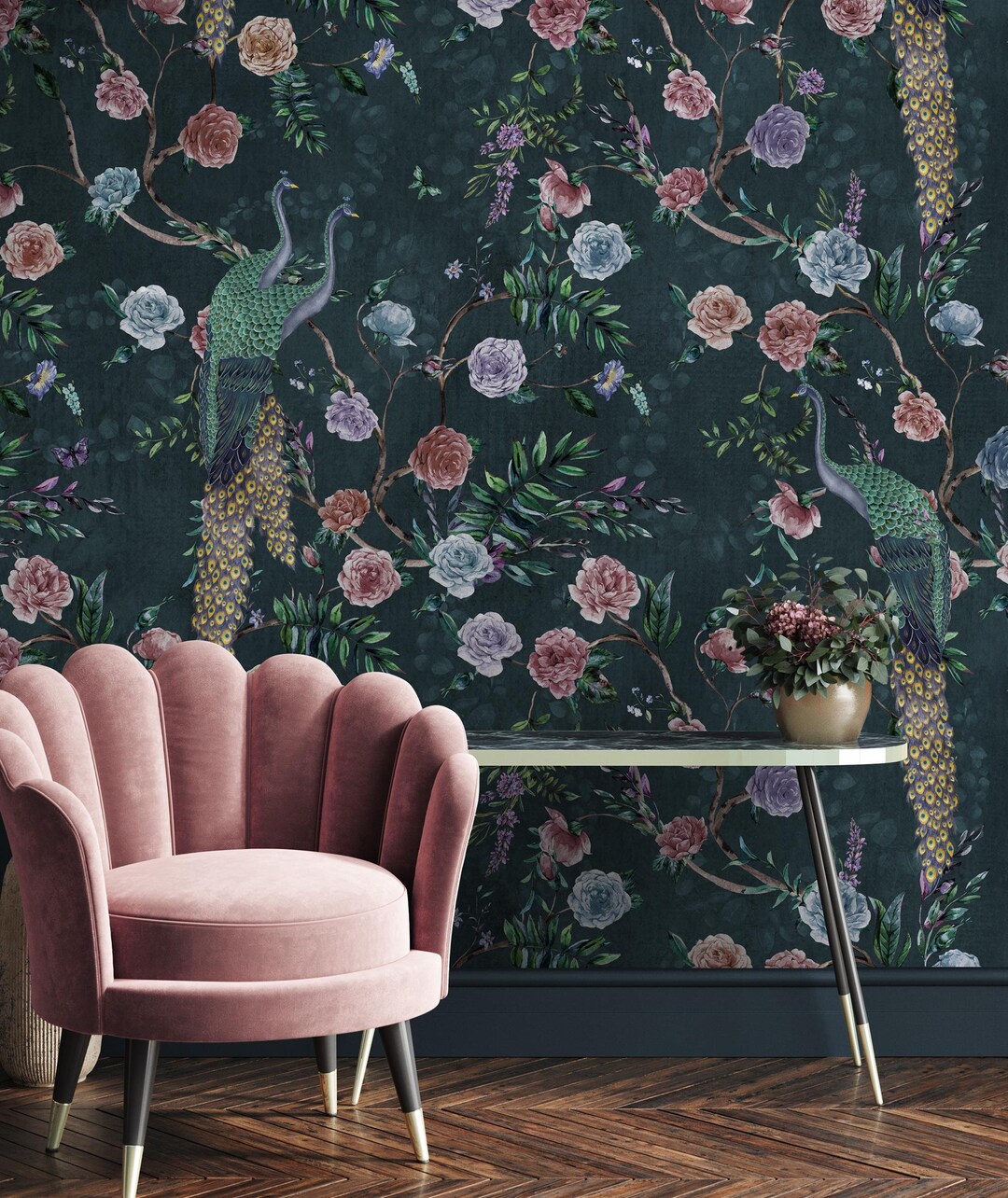 Dark Botanical With Peacocks Wallpaper | Elegant Dark Floral Wall Mural ...