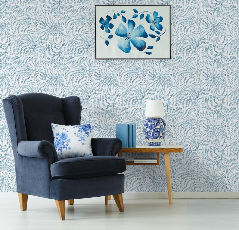 Papel pintado de delicadas hojas de helecho azul / Elegante mural de ...