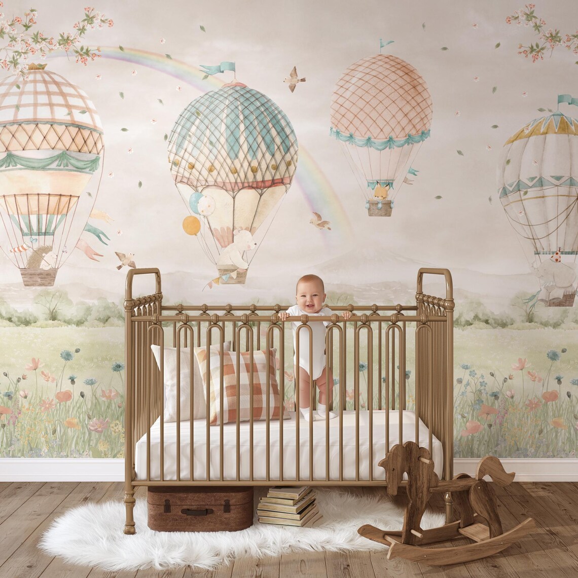 Whimsical Hot Air Balloon Nursery Wallpaper | Pastel Animal Adventure ...