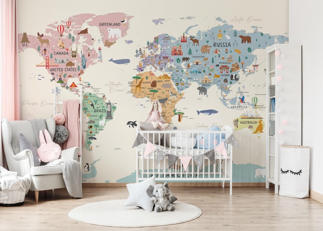 Kids Educational Journey World Map With Landmarks Mural | Colorful ...
