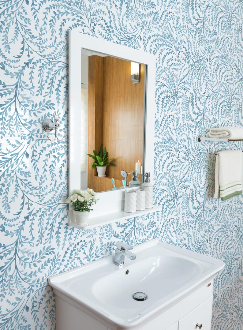 Papel pintado de delicadas hojas de helecho azul / Elegante mural de ...