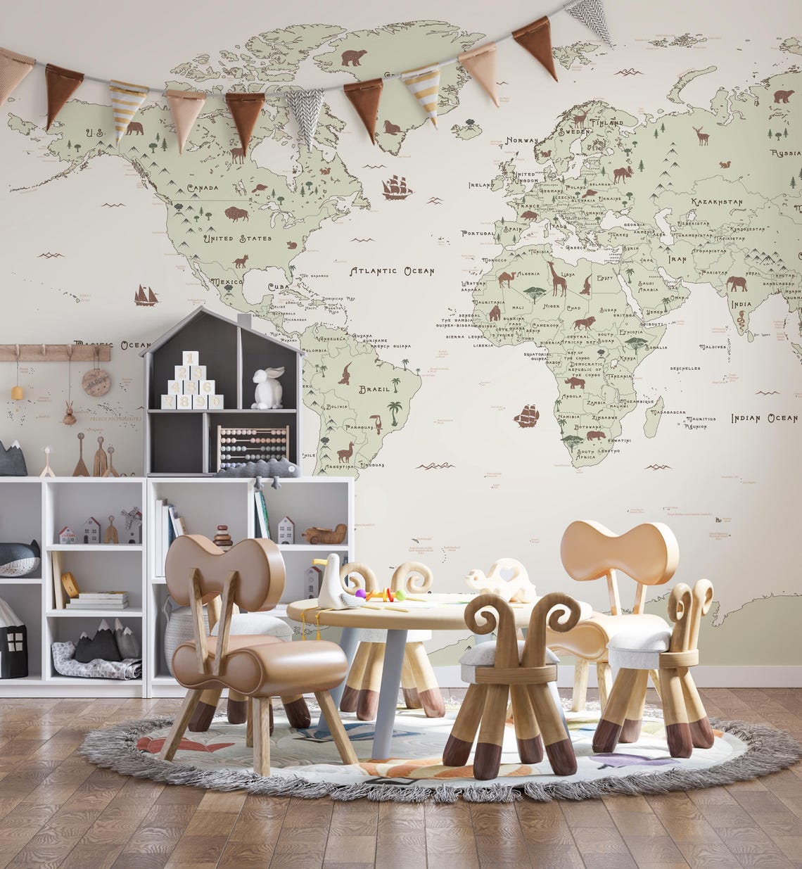 Cute World Map Kids Wallpaper Soft Green World Map With Animals Peel ...