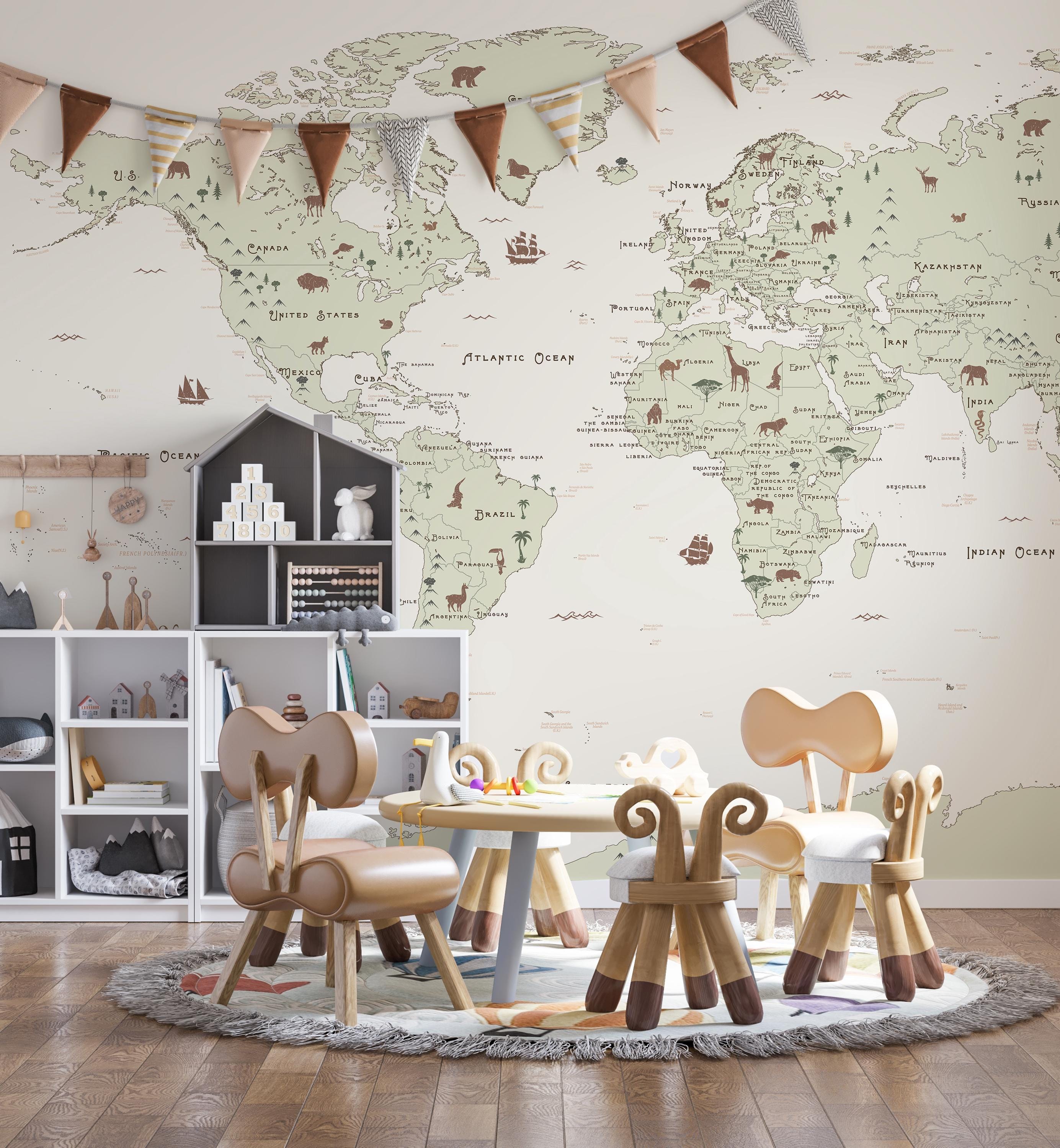 Cute World Map Kids Wallpaper Soft Green World Map With Animals Peel ...
