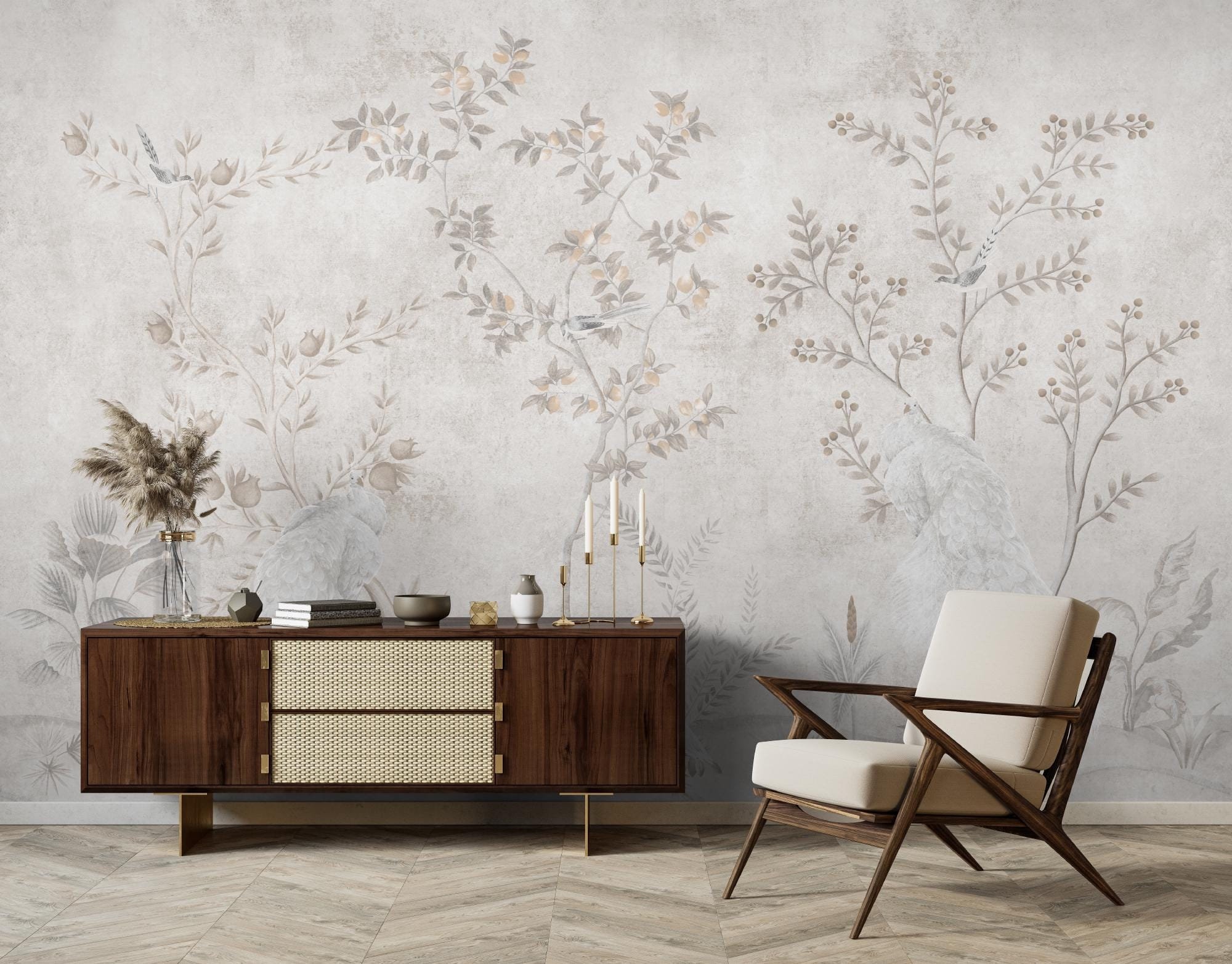 Watercolor Chinoiserie Bird and Branch Wallpaper | Elegant Subtle ...
