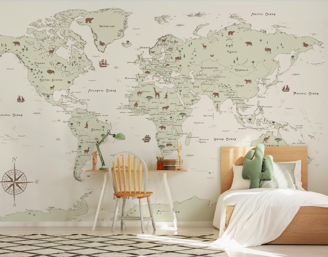 Cute World Map Kids Wallpaper | Soft Green World Map With Animals Peel ...