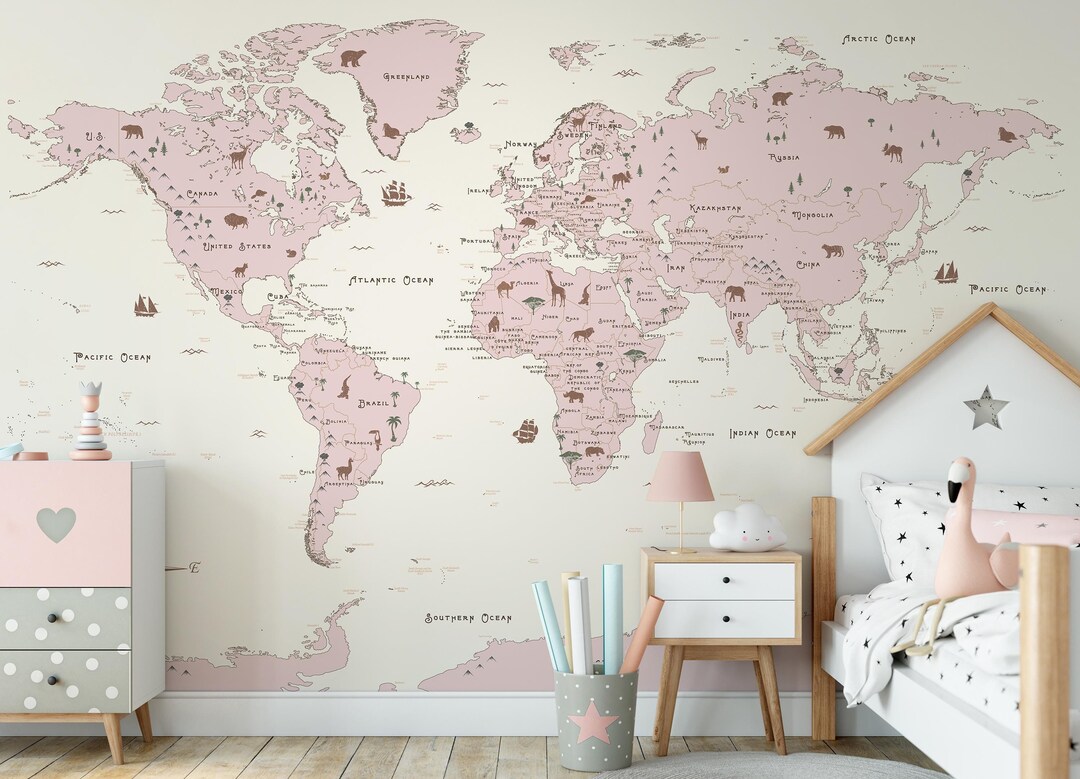 Soft Pink World Map Wallpaper Cute World Map Kids Wallpaper With ...