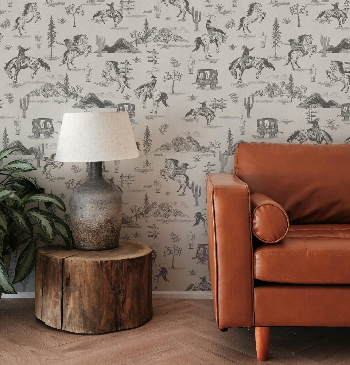 Wild West Adventure Pattern Wall Mural | Western Monochrome Grey Rodeo ...
