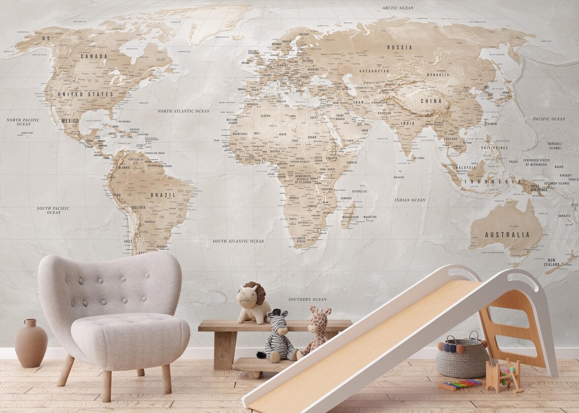 Beige World Map Peel and Stick Wallpaper | Modern Detailed World Map ...