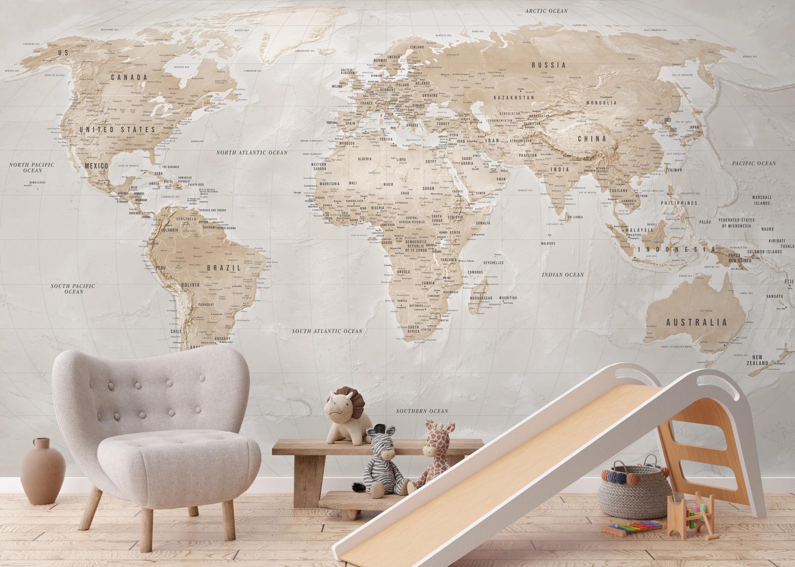 Beige World Map Peel and Stick Wallpaper | Modern Detailed World Map ...