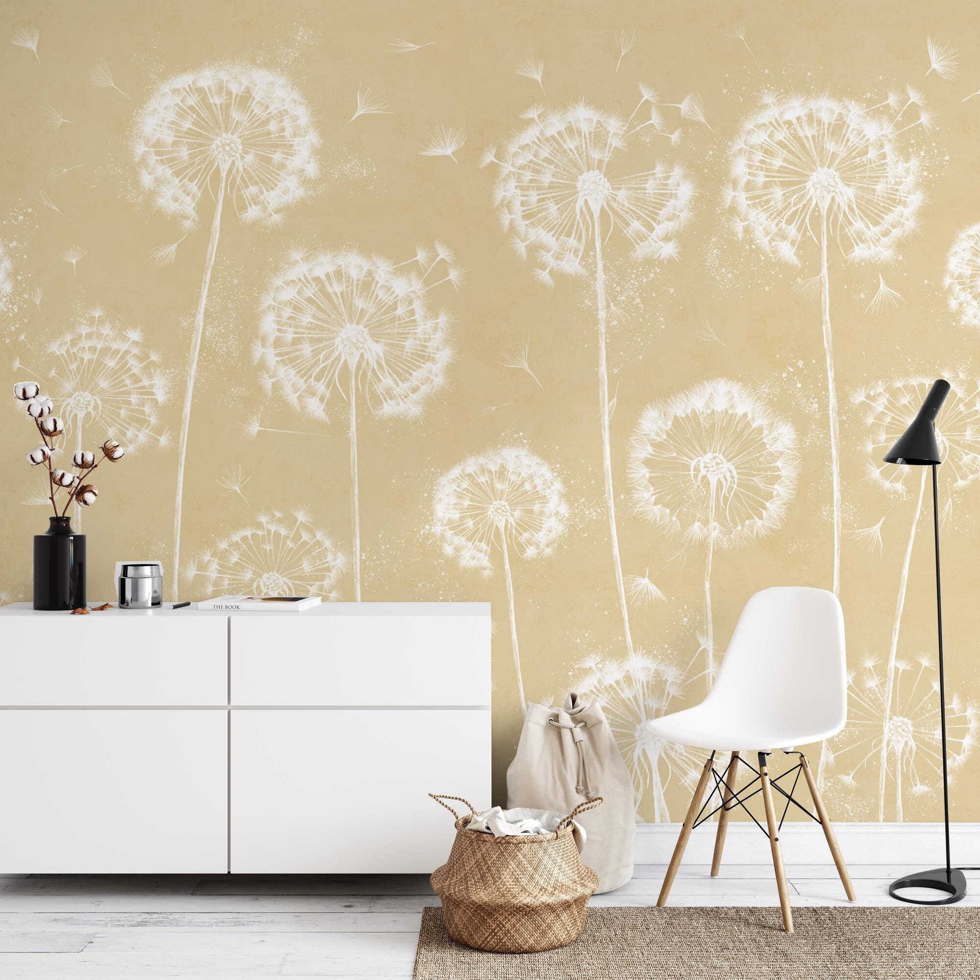 Soft Yellow Dandelions Wallpaper | Serene Dandelion Wisps Wall Mural - Etsy