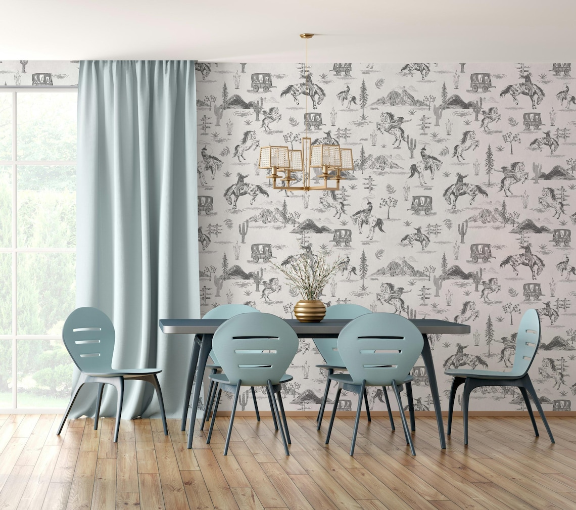 Wild West Adventure Pattern Wall Mural | Western Monochrome Grey Rodeo ...