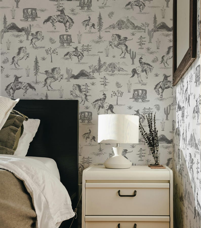 Wild West Adventure Pattern Wall Mural | Western Monochrome Grey Rodeo ...