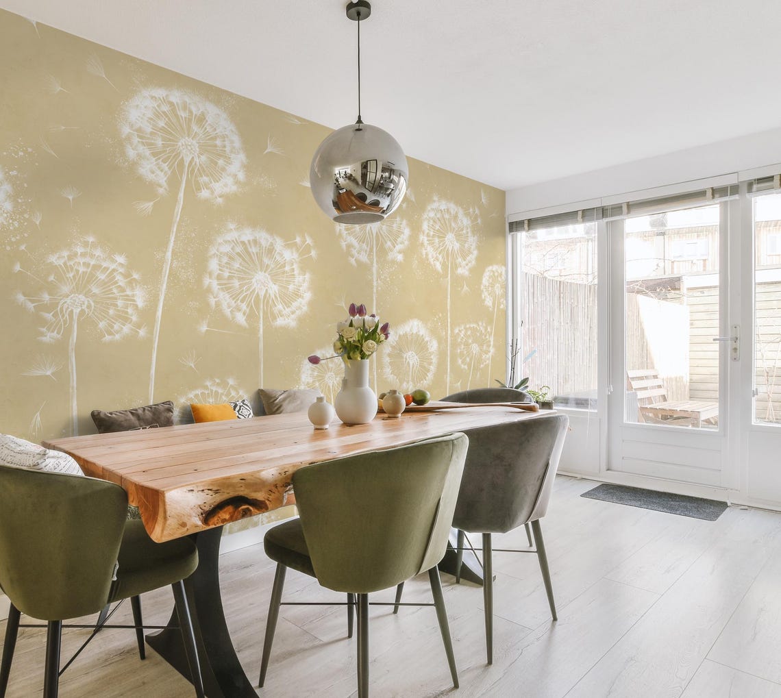 Soft Yellow Dandelions Wallpaper | Serene Dandelion Wisps Wall Mural - Etsy