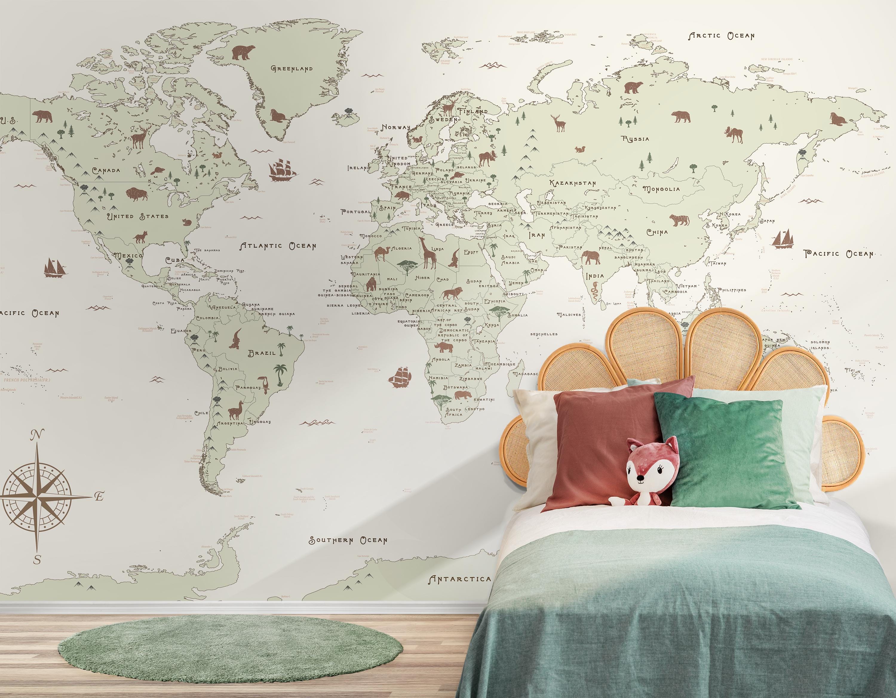 Cute World Map Kids Wallpaper Soft Green World Map With Animals Peel ...