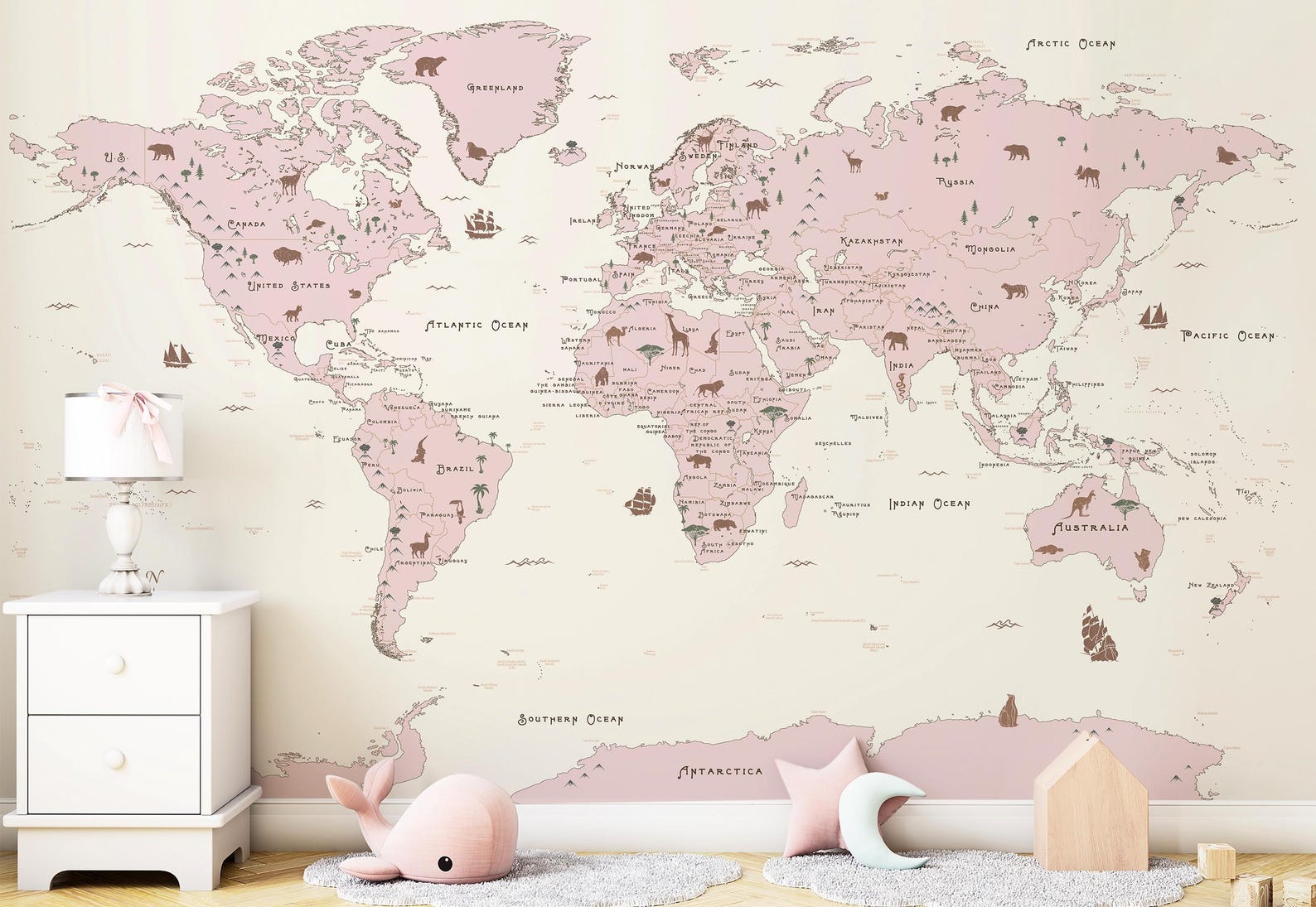 Soft Pink World Map Wallpaper | Cute World Map Kids Wallpaper With ...