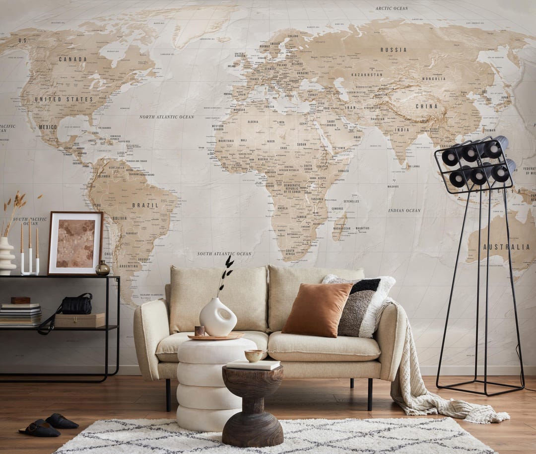 Beige World Map Peel and Stick Wallpaper | Modern Detailed World Map ...