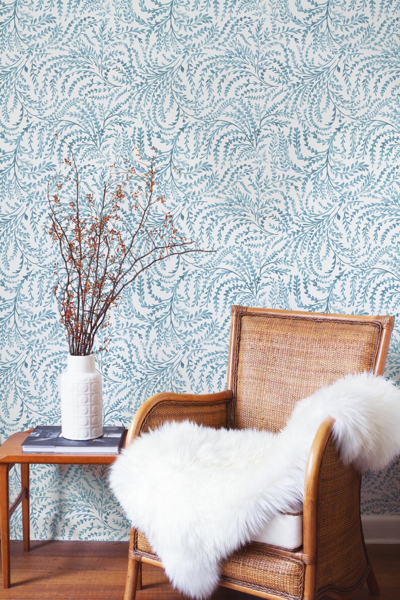 Papel pintado de delicadas hojas de helecho azul / Elegante mural de ...