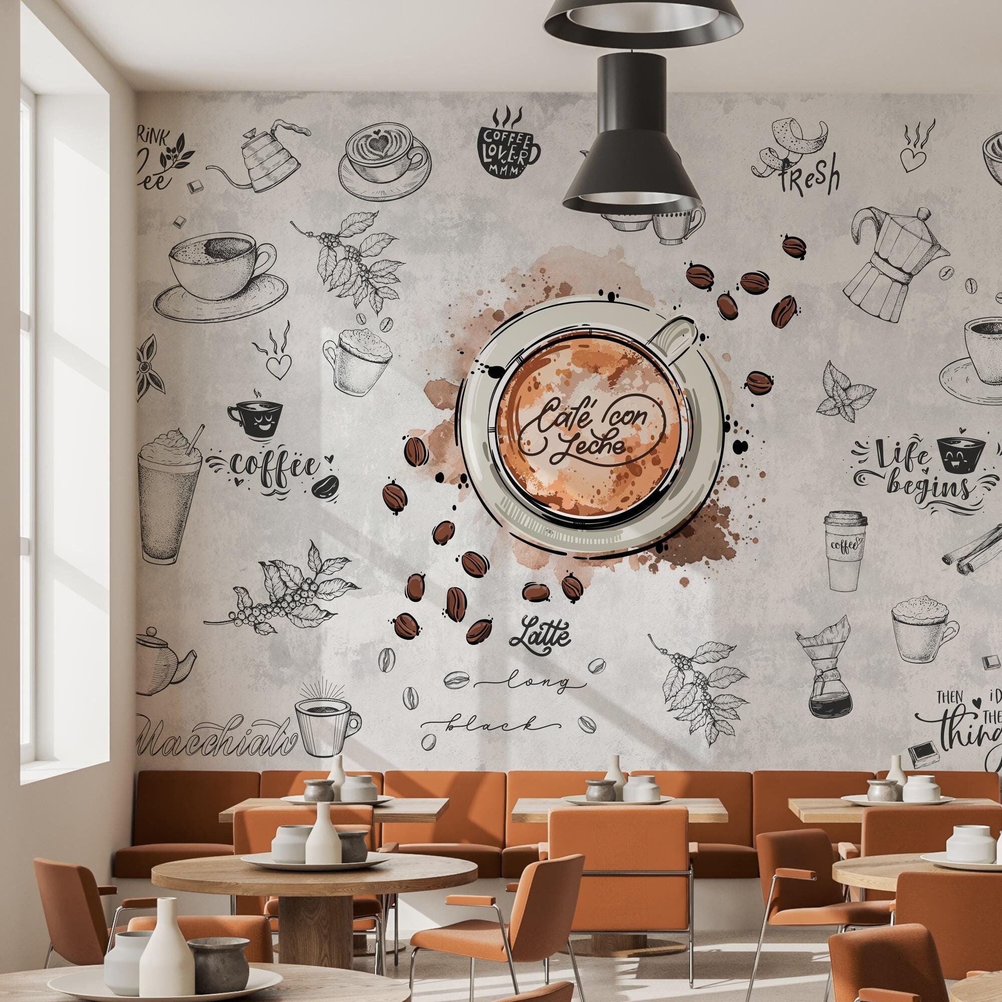 Watercolor Coffee Shop Wallpaper | Cappuccino Art for Cafe Wall Mural ...