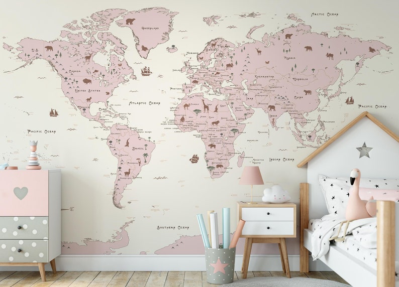 Soft Pink World Map Wallpaper | Cute World Map Kids Wallpaper With ...