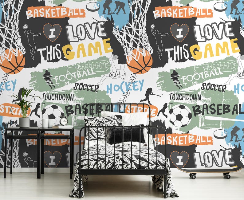 Boys Room Sports Themed Wallpaper | Basketball Football Pattern Wall ...