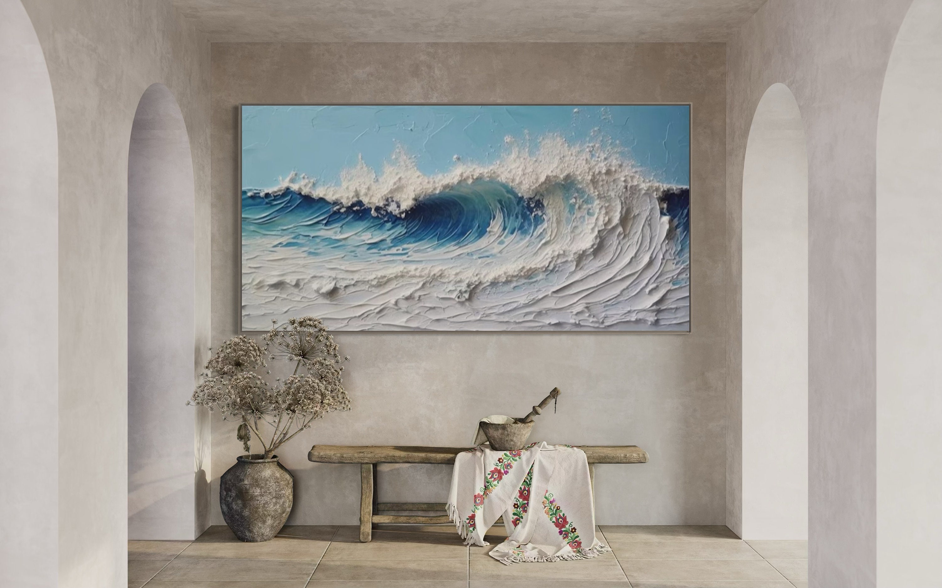 Light Blue Huge Waves Art, Horizontal Sofa Background Wall Decor ...