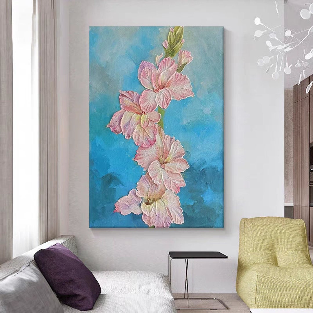 Pink Flowers Green Vine Canvas Painting, Floral Handmade Acrylic Canvas ...