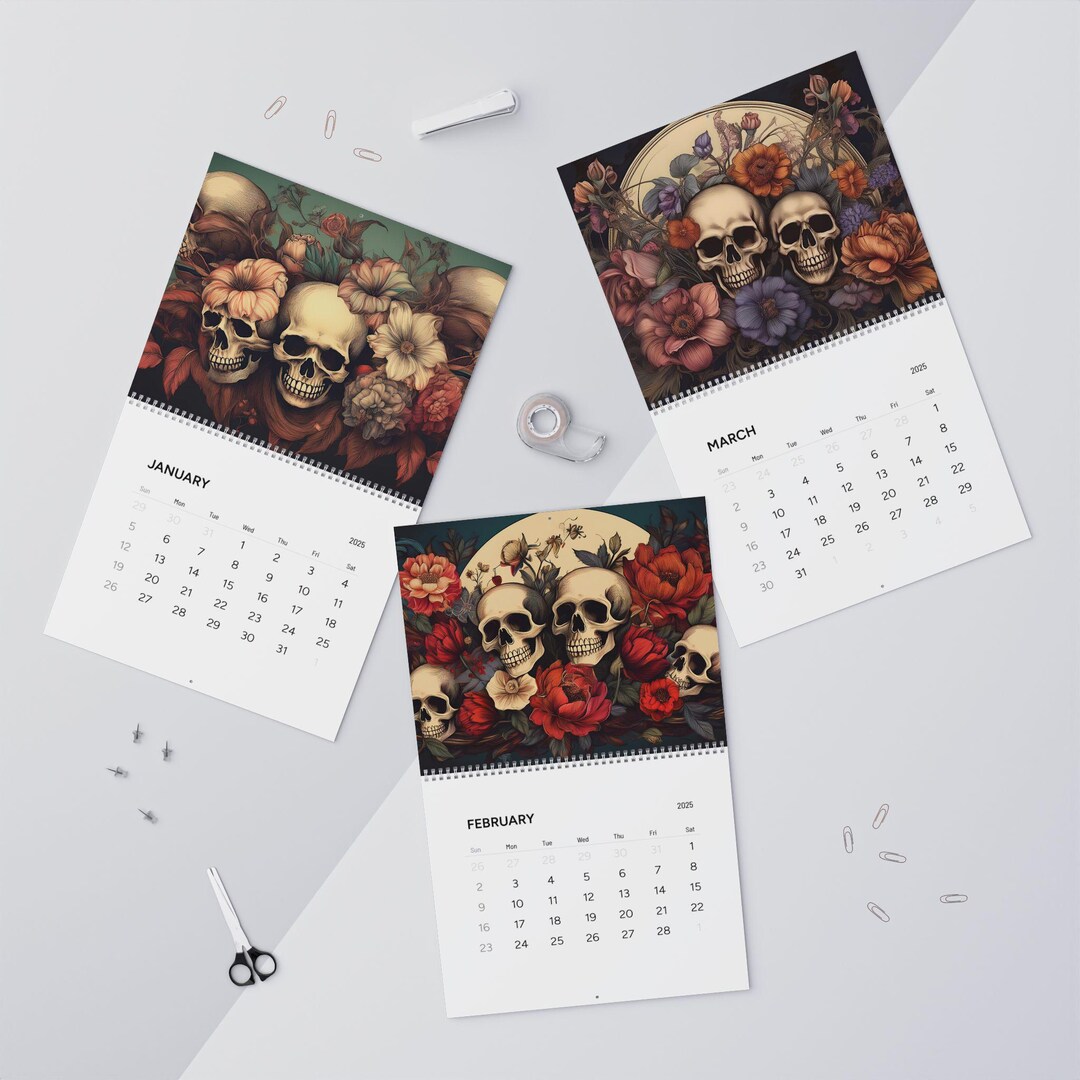 Gothic Skulls 2025 Wall Calendar, Gothic Floral Calendar, 2025 Monthly ...