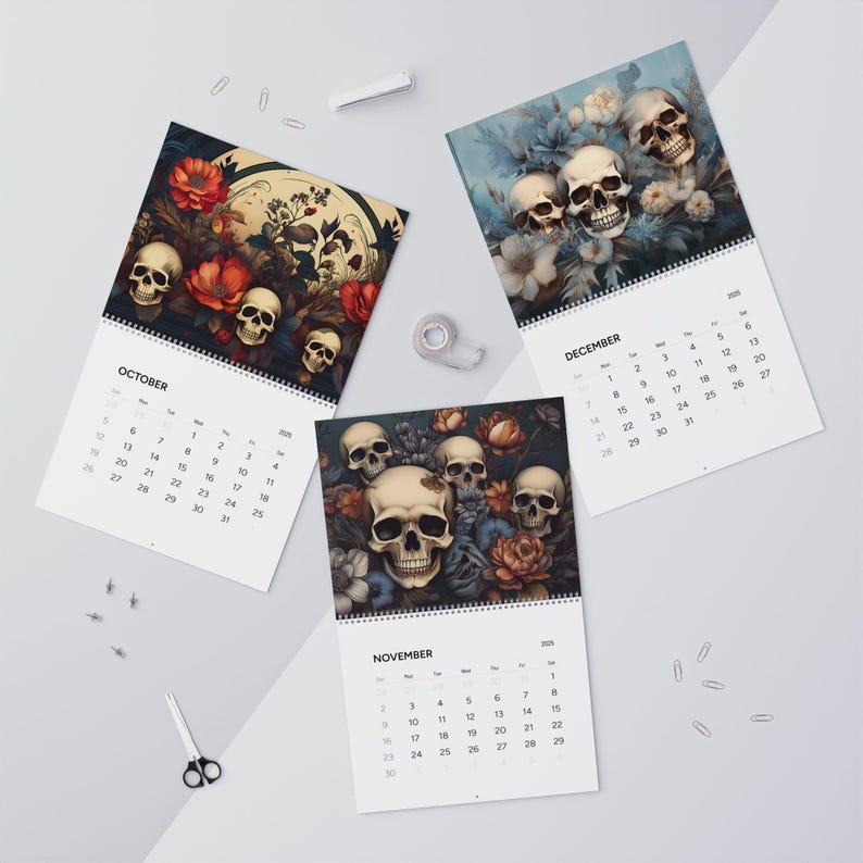 Gothic Skulls 2025 Wall Calendar, Gothic Floral Calendar, 2025 Monthly ...