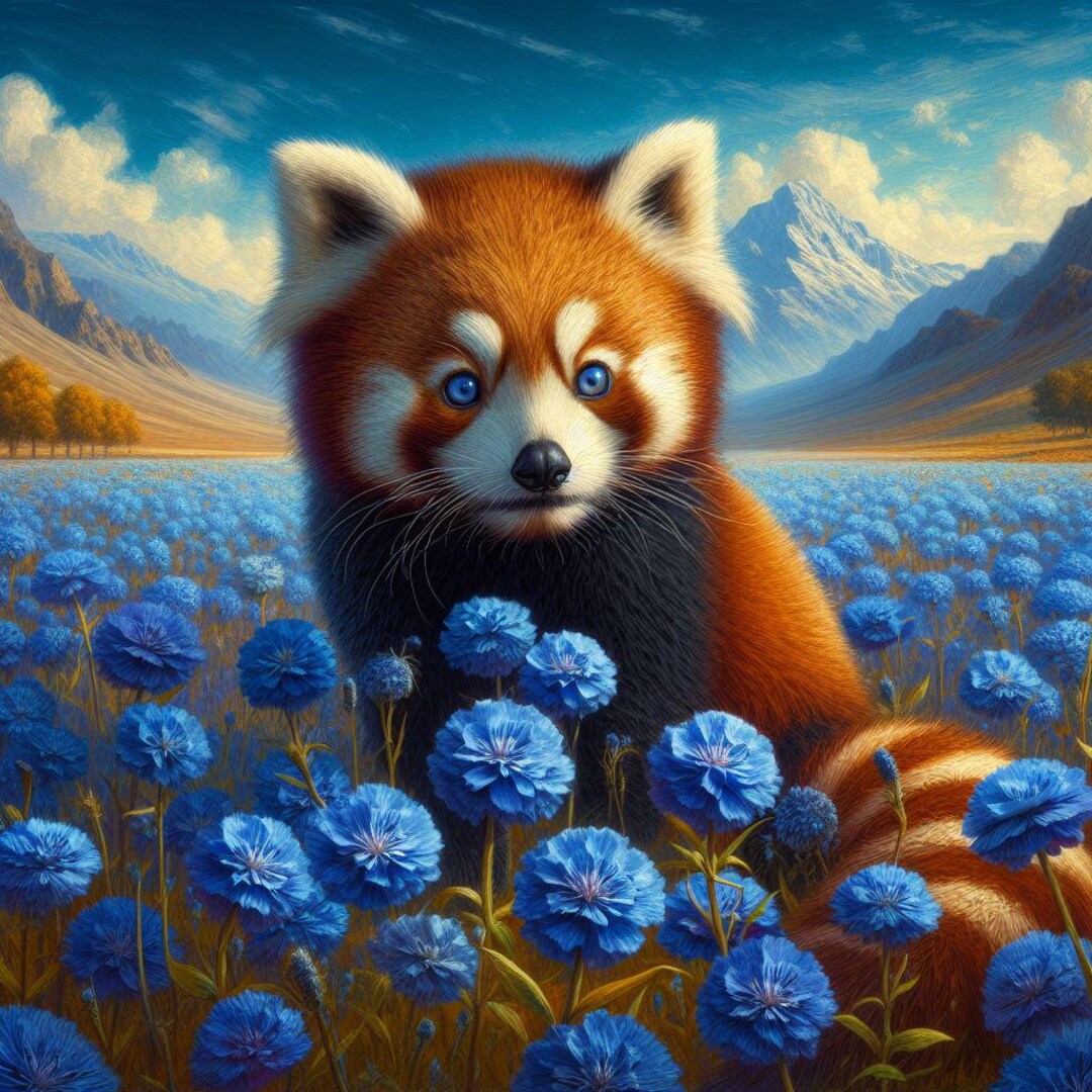 High Resolution Image Set of a Red Panda in a Flower Field and a Tree ...