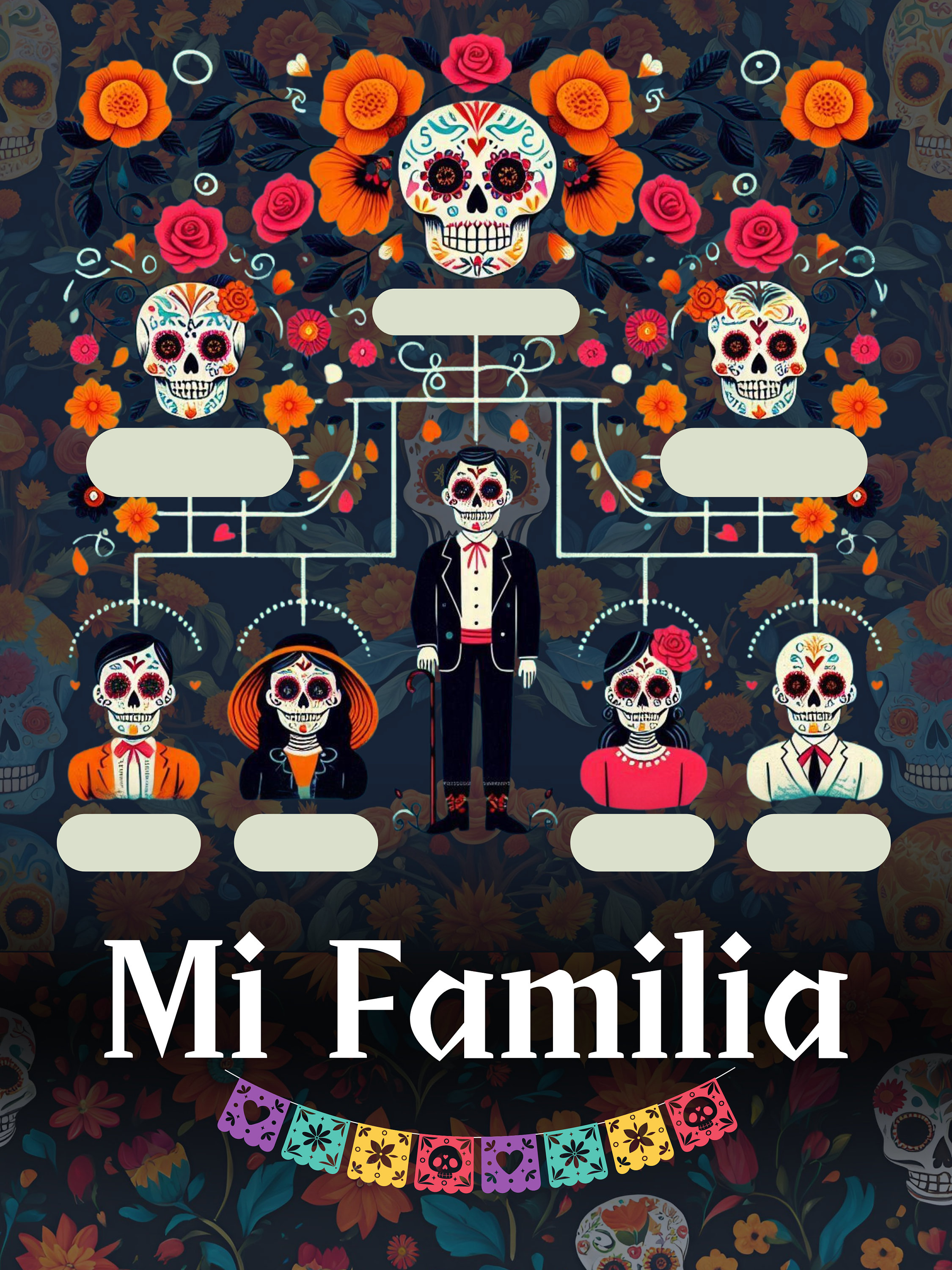 Day of the Dead Family Tree 3 Generational Chart Printable Ancestry Art ...