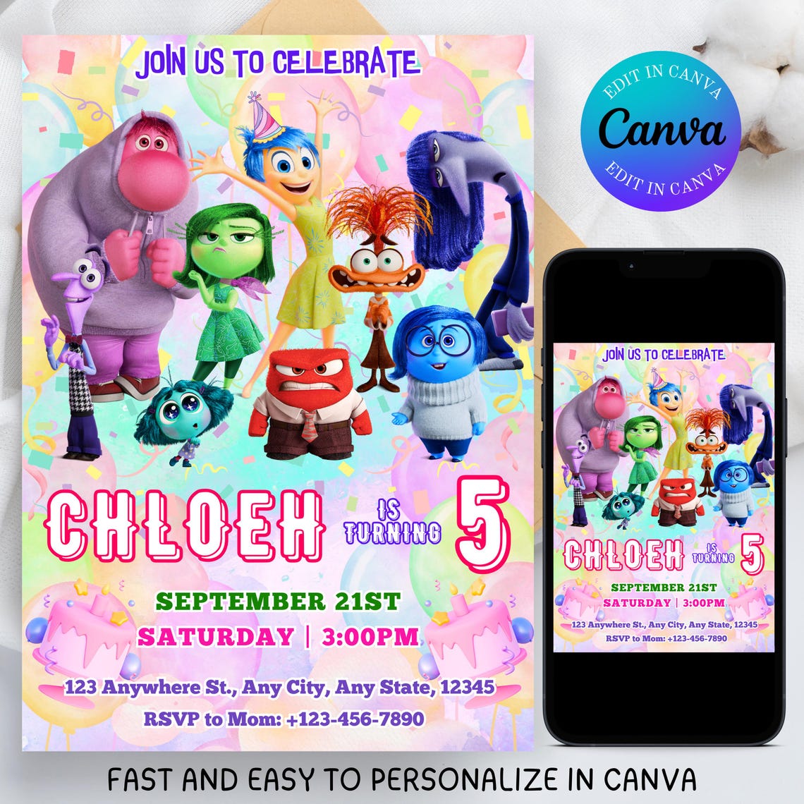 Editable Inside Out 2 Invitation, Inside Out 2 Invitation, Editable ...