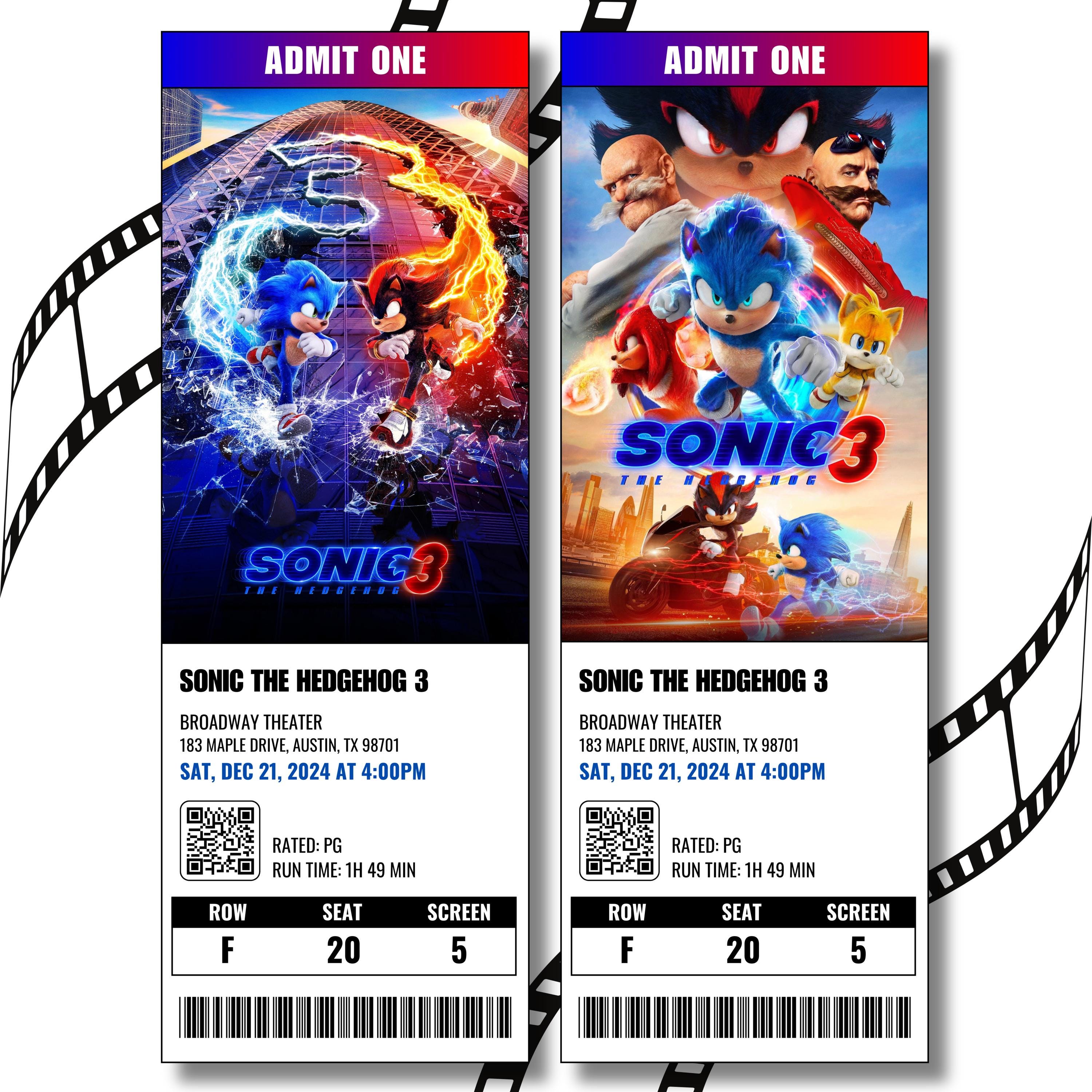 Editable Sonic 3 Movie Ticket, Sonic the Hedgehog 3 Movie Ticket, Sonic ...