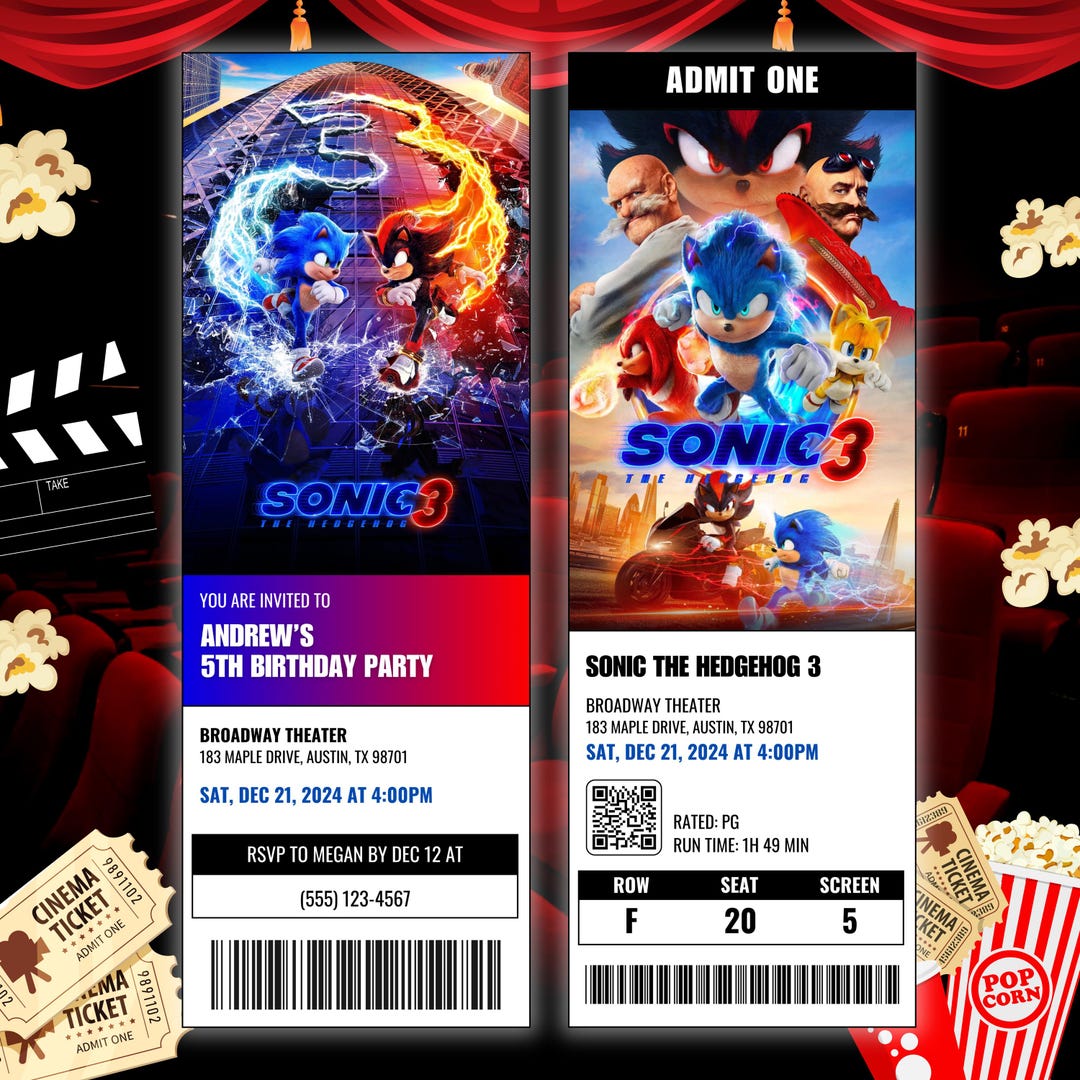Editable Sonic 3 Movie Ticket Birthday Invitation, Sonic 3 Invitation ...