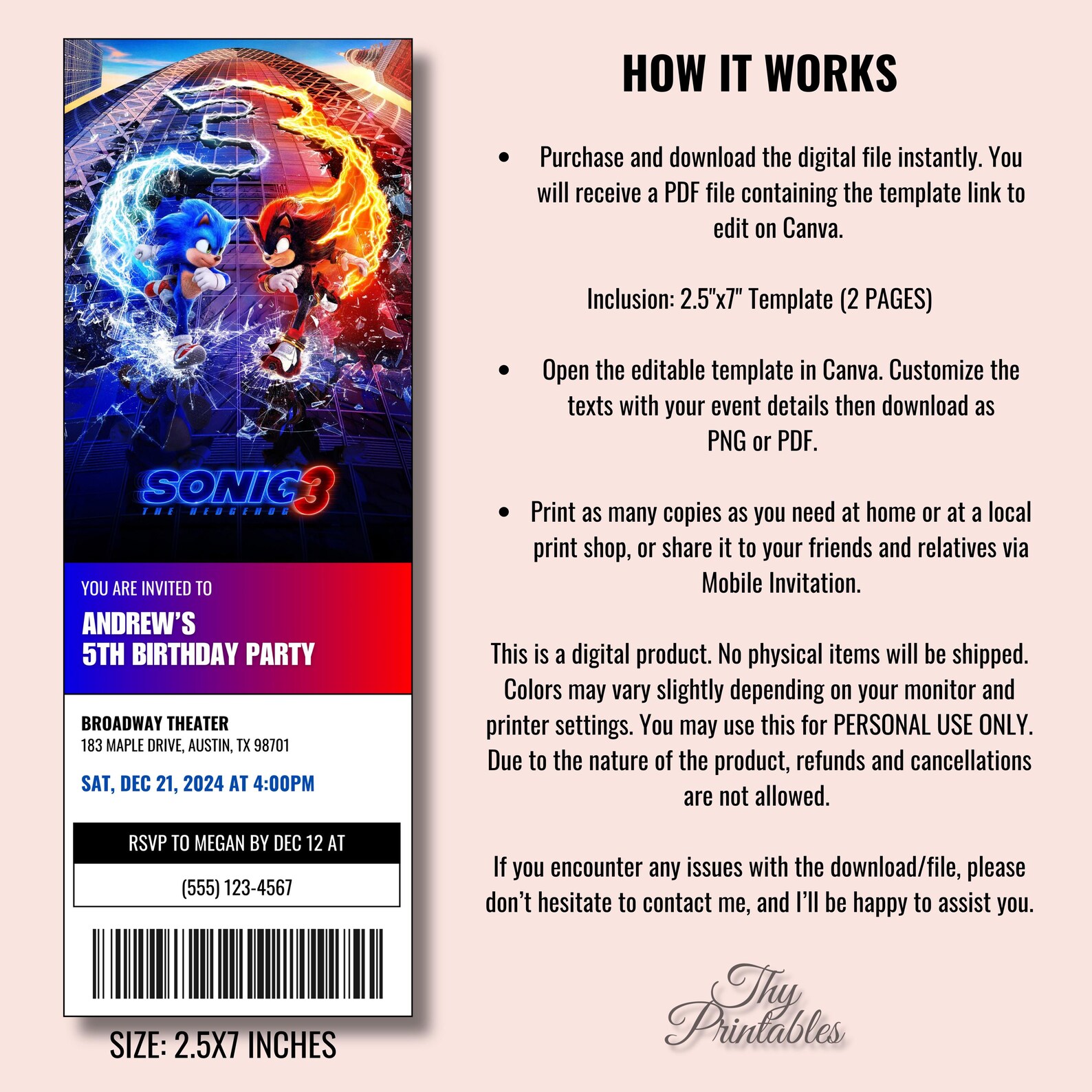 Sonic 3 Movie Ticket Birthday Invitation, Editable Sonic 3 Invitation ...