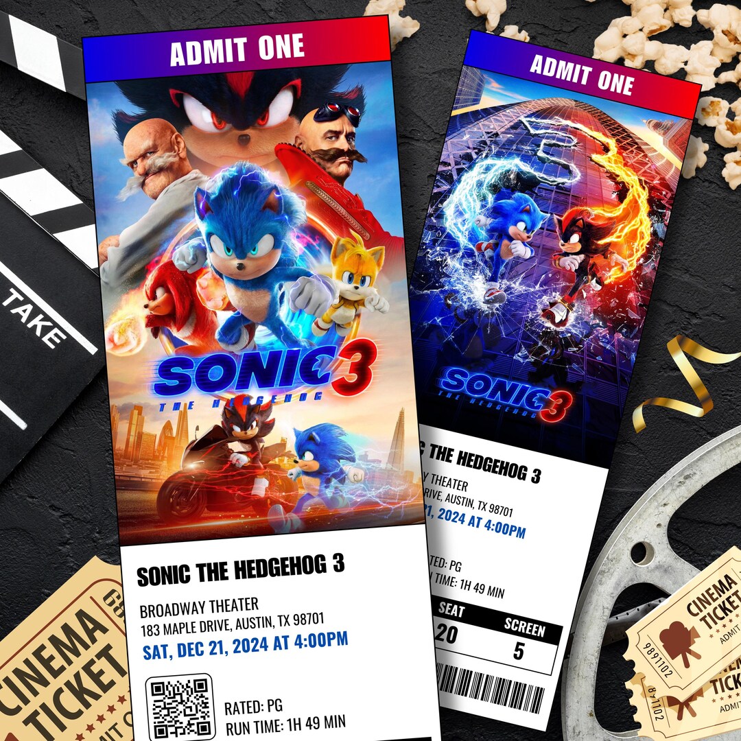 Editable Sonic 3 Movie Ticket, Sonic the Hedgehog 3 Movie Ticket, Sonic ...