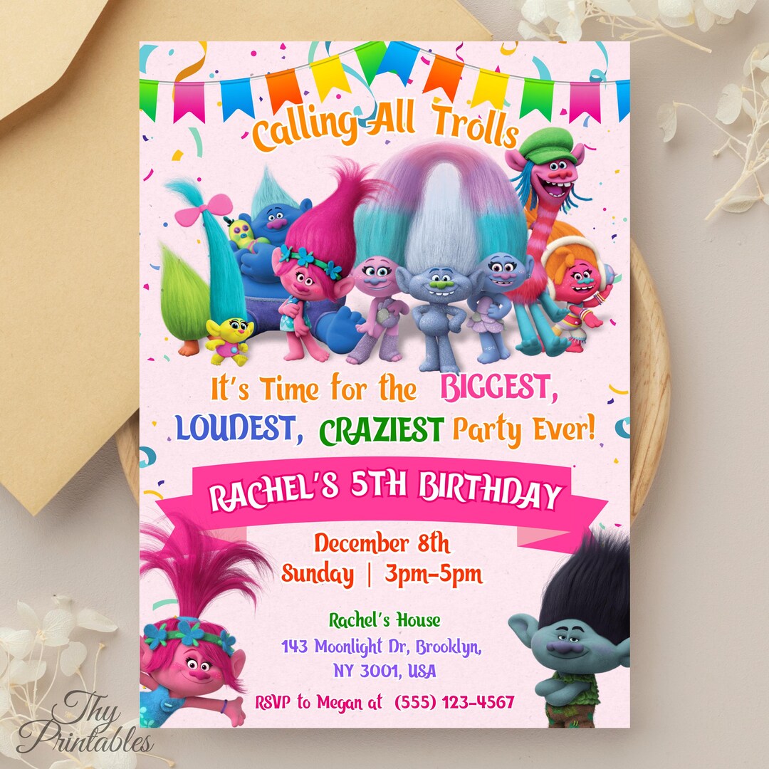 Editable Trolls Invitation,editable Trolls Birthday Template, Printable ...