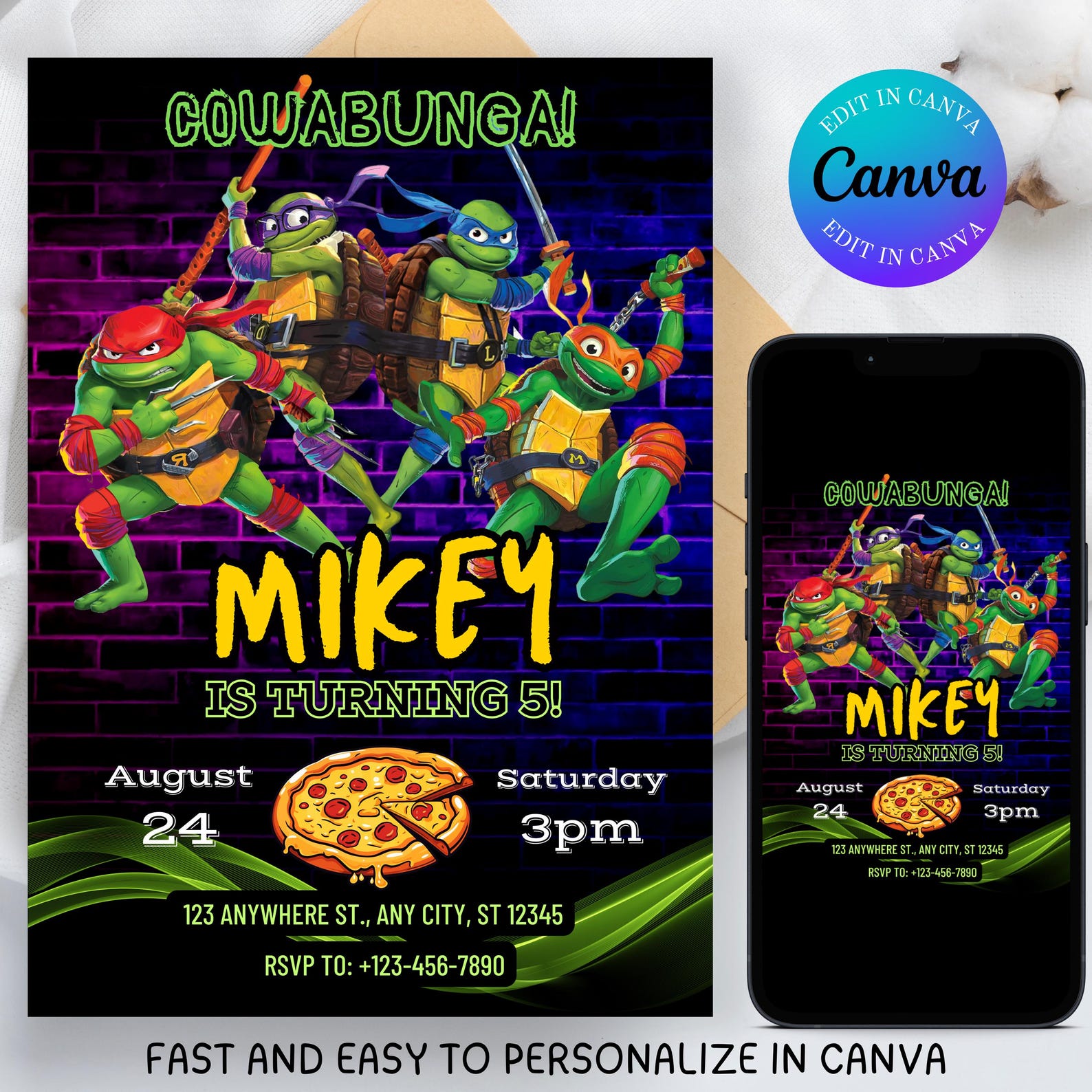 Editable Ninja Turtle Invitation, Turtles Invitation, Editable Birthday ...