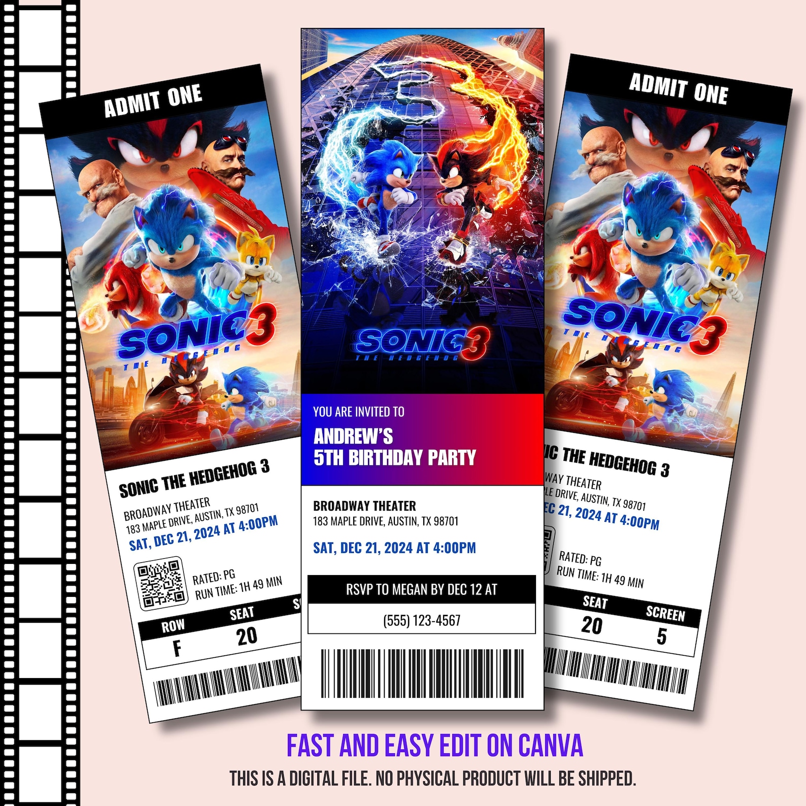 Sonic 3 Movie Ticket Birthday Invitation, Editable Sonic 3 Invitation ...
