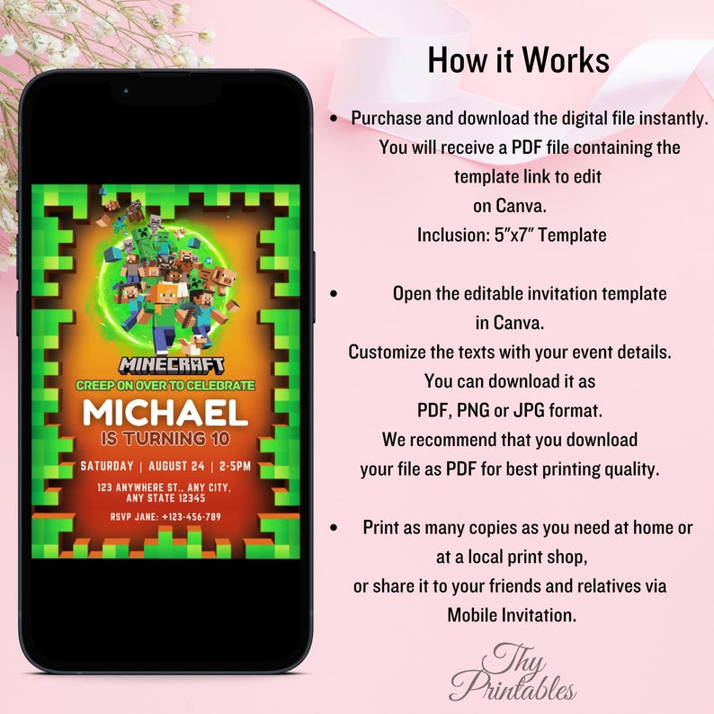 Editable Minecraft Birthday Invitation, Minecrafter Birthday Invitation ...