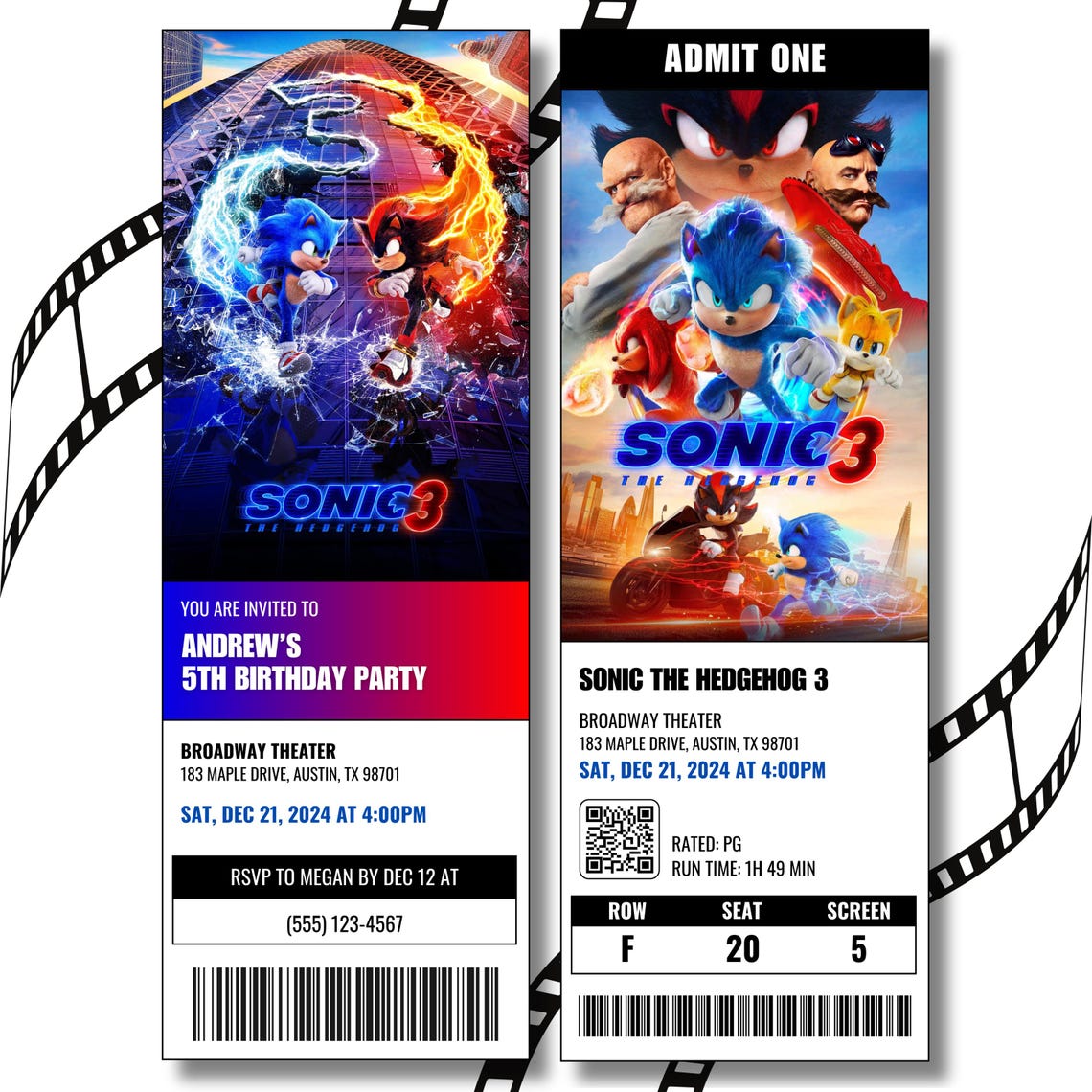 Sonic 3 Movie Ticket Birthday Invitation, Editable Sonic 3 Invitation ...