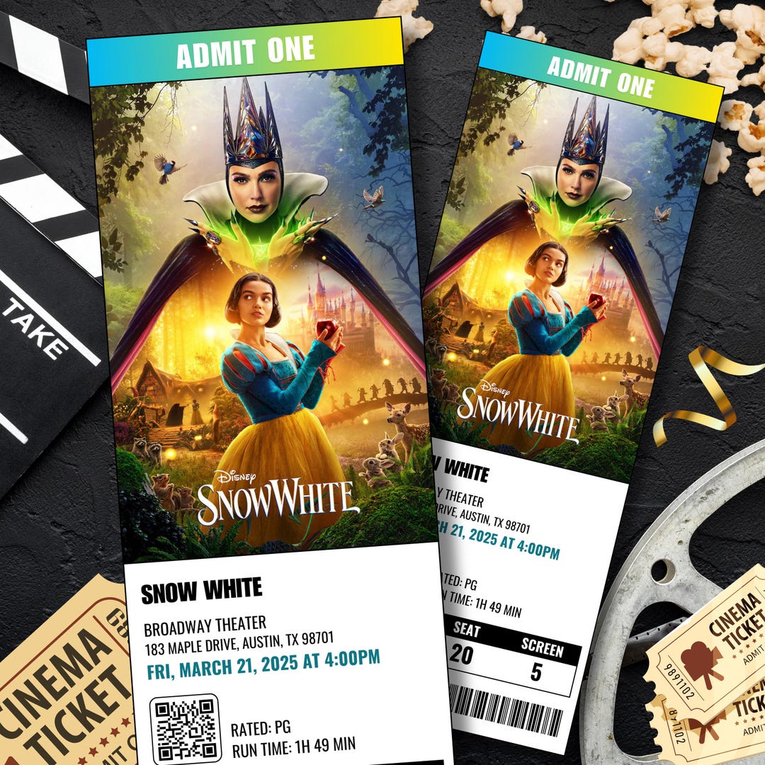 Editable Snow White Movie Ticket, Snow White Movie Ticket 2025, Snow ...