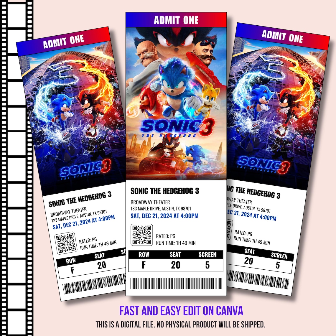 Editable Sonic 3 Movie Ticket, Sonic the Hedgehog 3 Movie Ticket, Sonic ...