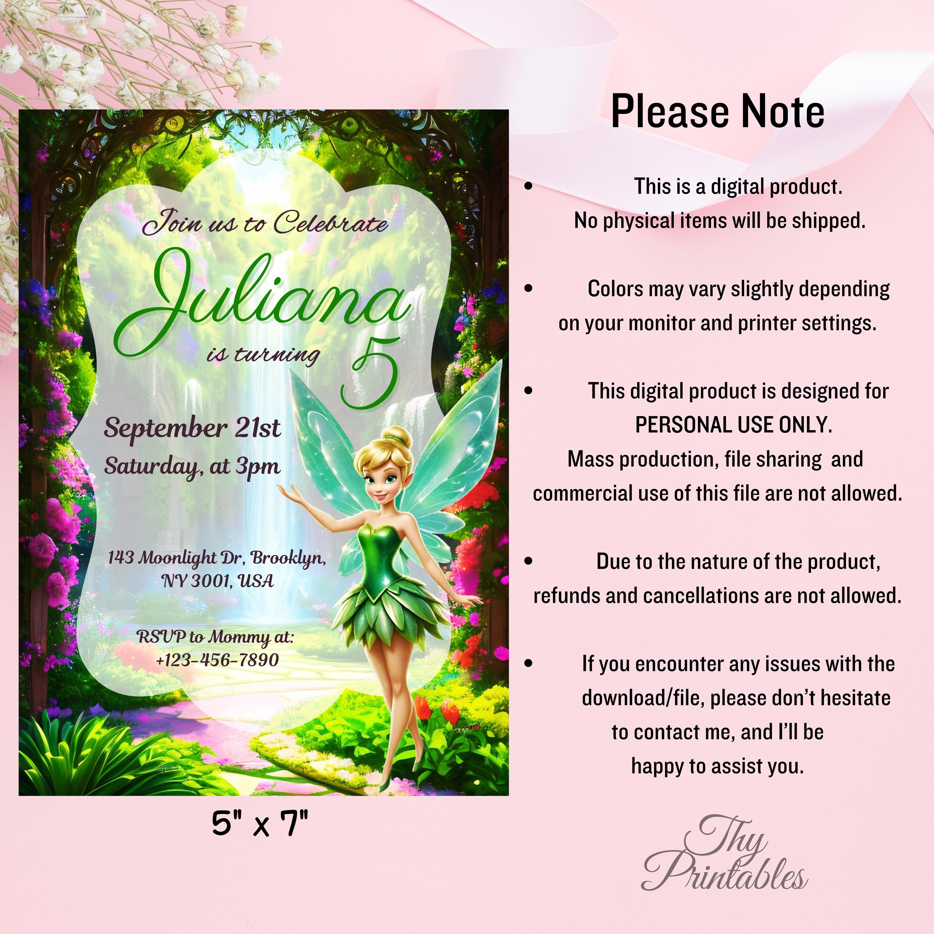 Editable Tinker B Birthday Invitation Fairy Tink Bell Birthday Party