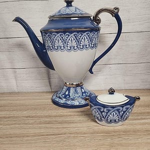 Bombay China Teapot Creamer and Sugar Set White Blue Silver Porcelain ...