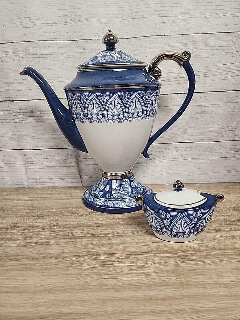 Bombay China Teapot Creamer and Sugar Set White Blue Silver Porcelain ...