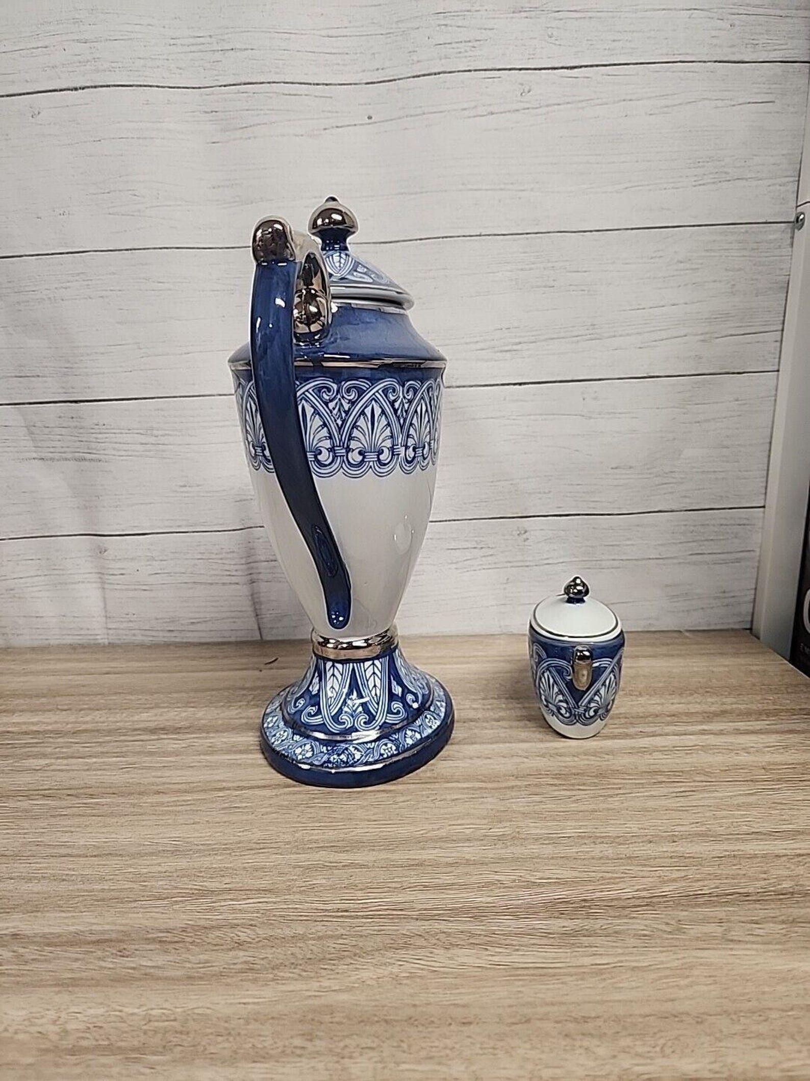 Bombay China Teapot Creamer and Sugar Set White Blue Silver Porcelain ...