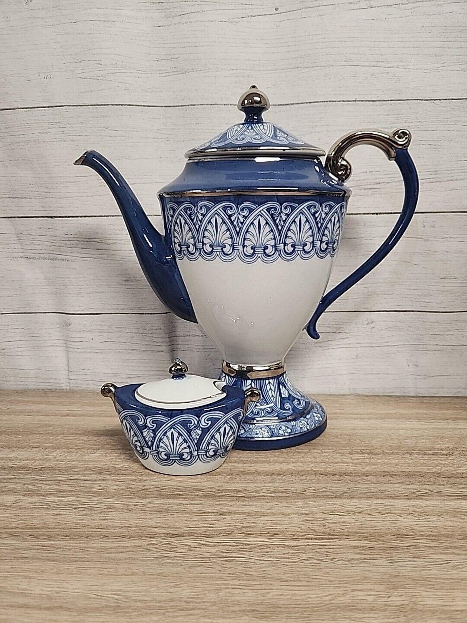 Bombay China Teapot Creamer and Sugar Set White Blue Silver Porcelain ...
