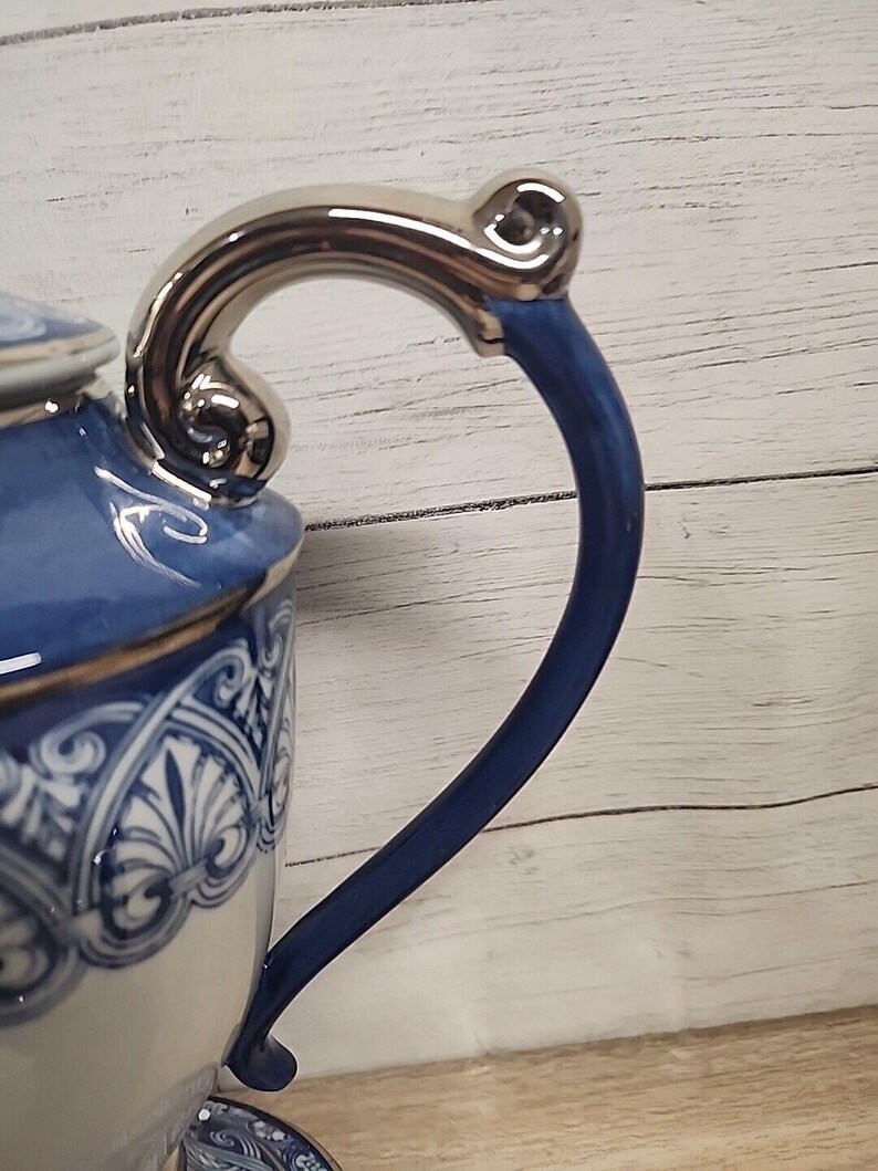 Bombay China Teapot Creamer and Sugar Set White Blue Silver Porcelain ...