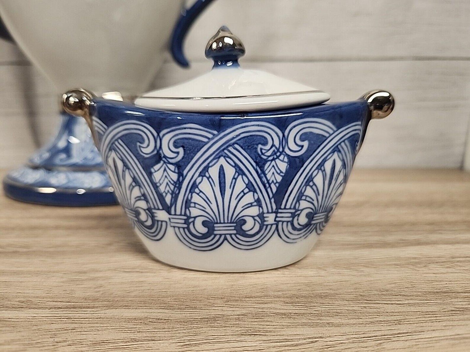 Bombay China Teapot Creamer and Sugar Set White Blue Silver Porcelain ...