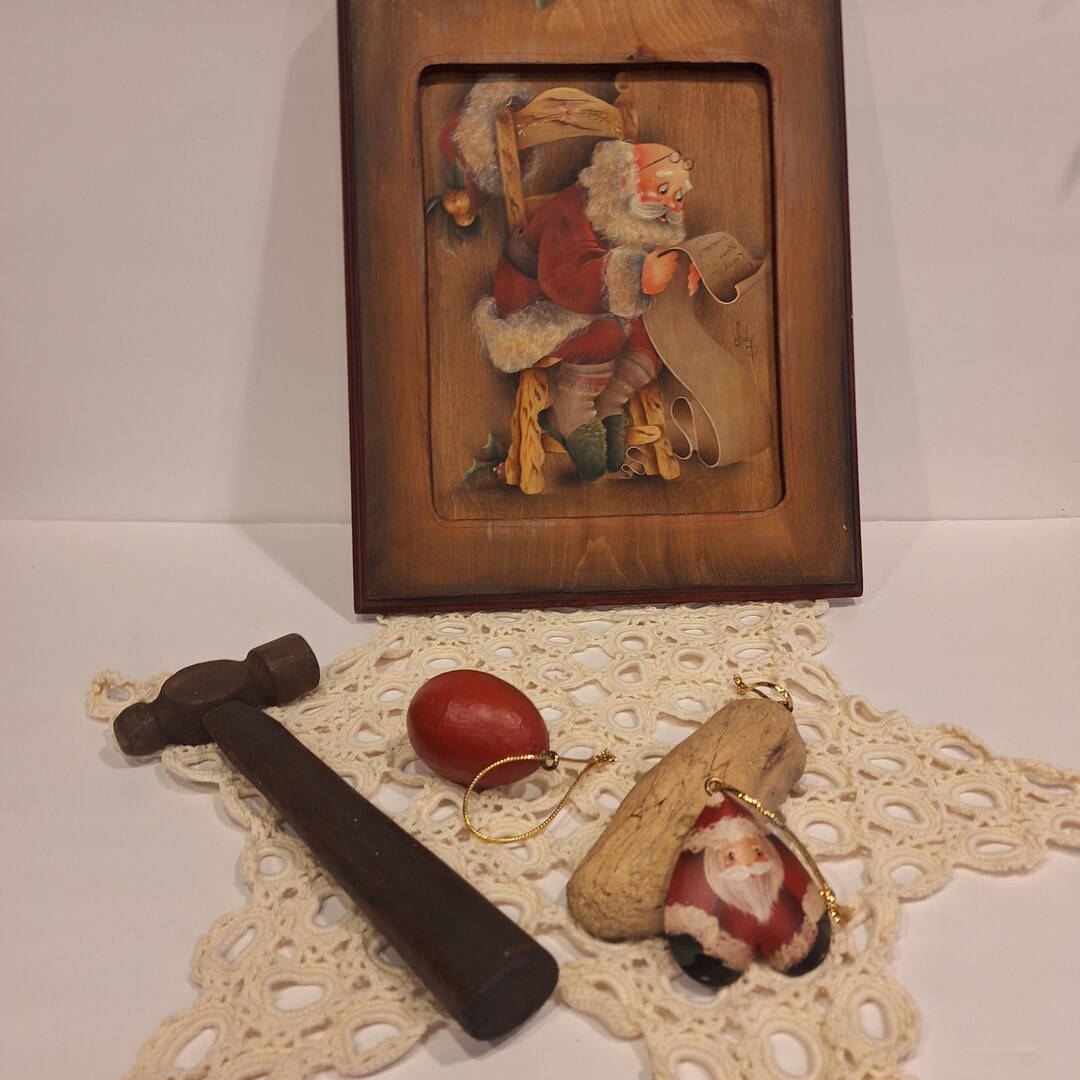 Santa Making a List Hand Painted Vintage Wall Art. Artist Signed. Folk ...